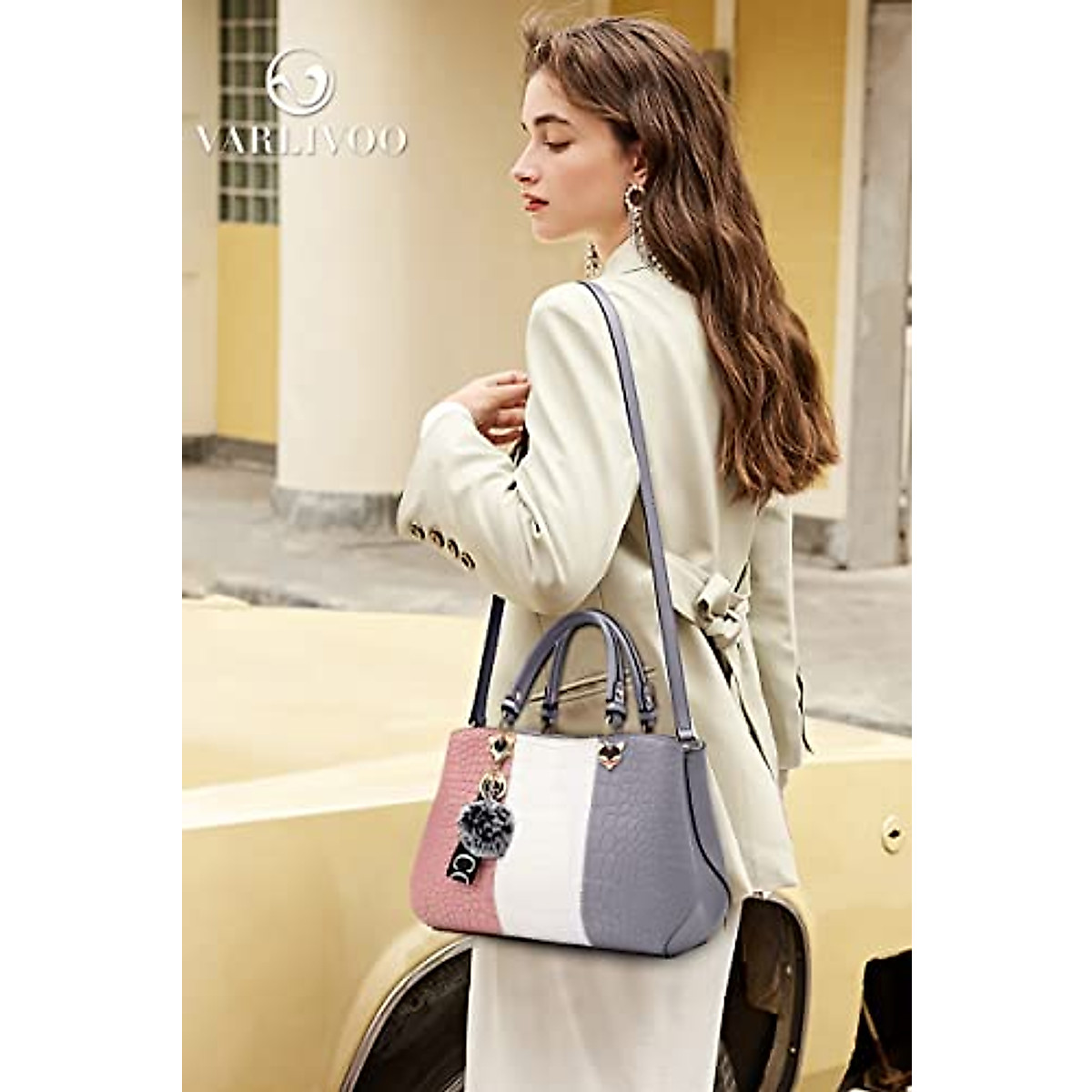 VARLIVOO Women Handbag Shoulder Bag for Ladies Female Messenger Bag for Work Top-Handle Bag Crocodile Pattern Waterproof PU Leather Gray A