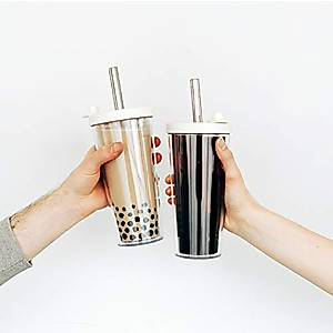 Reusable Boba Cup with Resealable Lid Plug - 17 Oz Double Wall Insulated | Smoothie Tumbler | Wide Stainless Steel Straw For Bubble Tea, Boba Pearls - White
