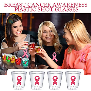 Roshtia 200 Pcs 2 oz Breast Cancer Awareness Cups Pink Ribbon Plastic Shot Glasses Clear Disposable Mini Drinking Wine Cups for Woman Breast Cancer Awareness Month Themed Party Supplies