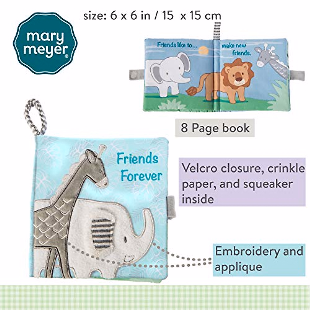 Mary Meyer Touch & Feel Soft Cloth Book with Crinkle Paper and Squeaker, Afrique Boutique Friends Forever
