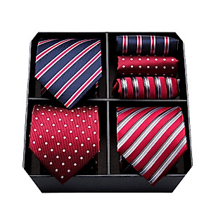 HISDERN Mens Ties Extra Long Ties for Men Big and Tall Red Striped Necktie and Pocket Square Set 63 Inch XL Silk Neckties Collection Handkerchief