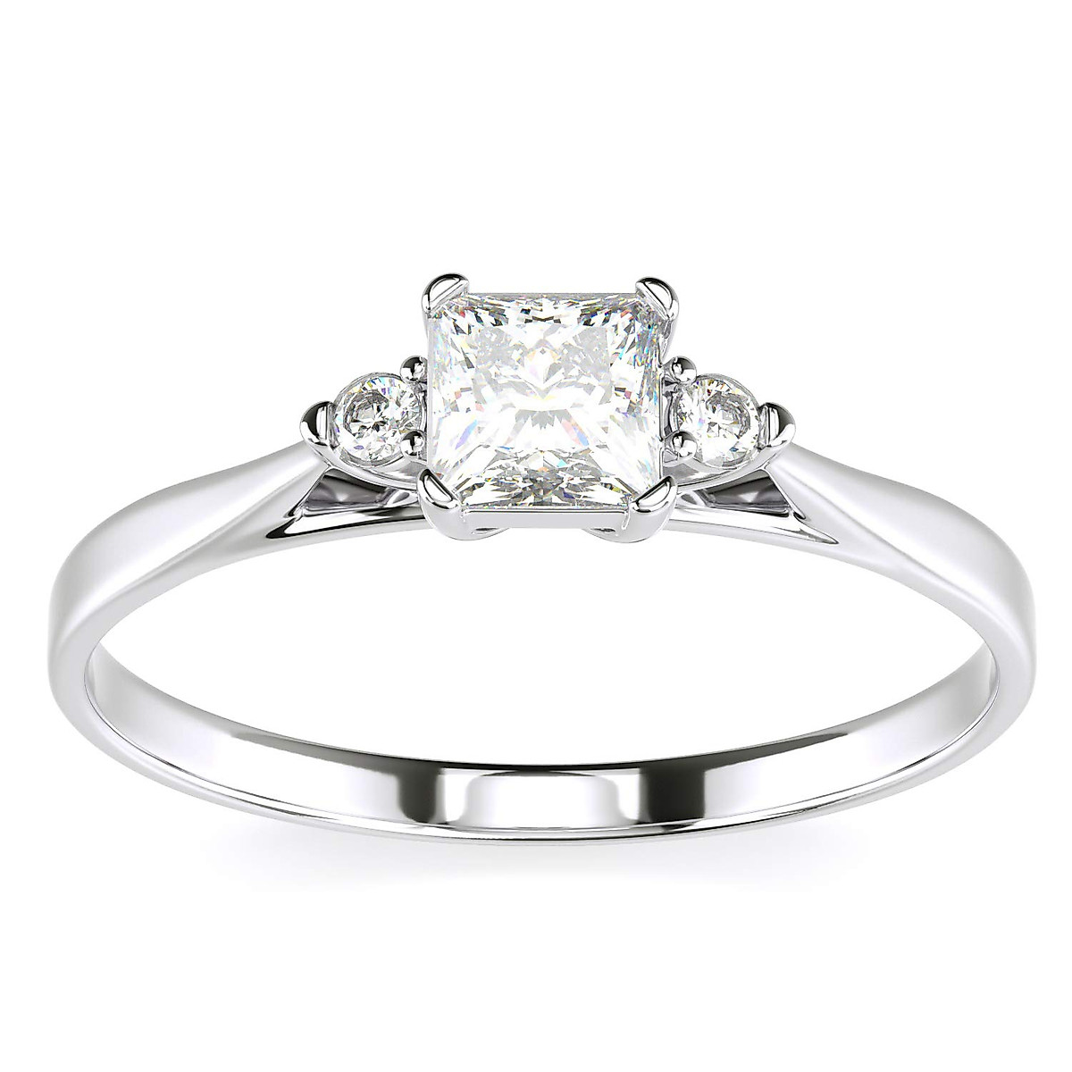 The Jewelry Galleria 14K White Gold Princess Cut Center Stone White CZ 3 Three Stone Engagement Ring Size 7