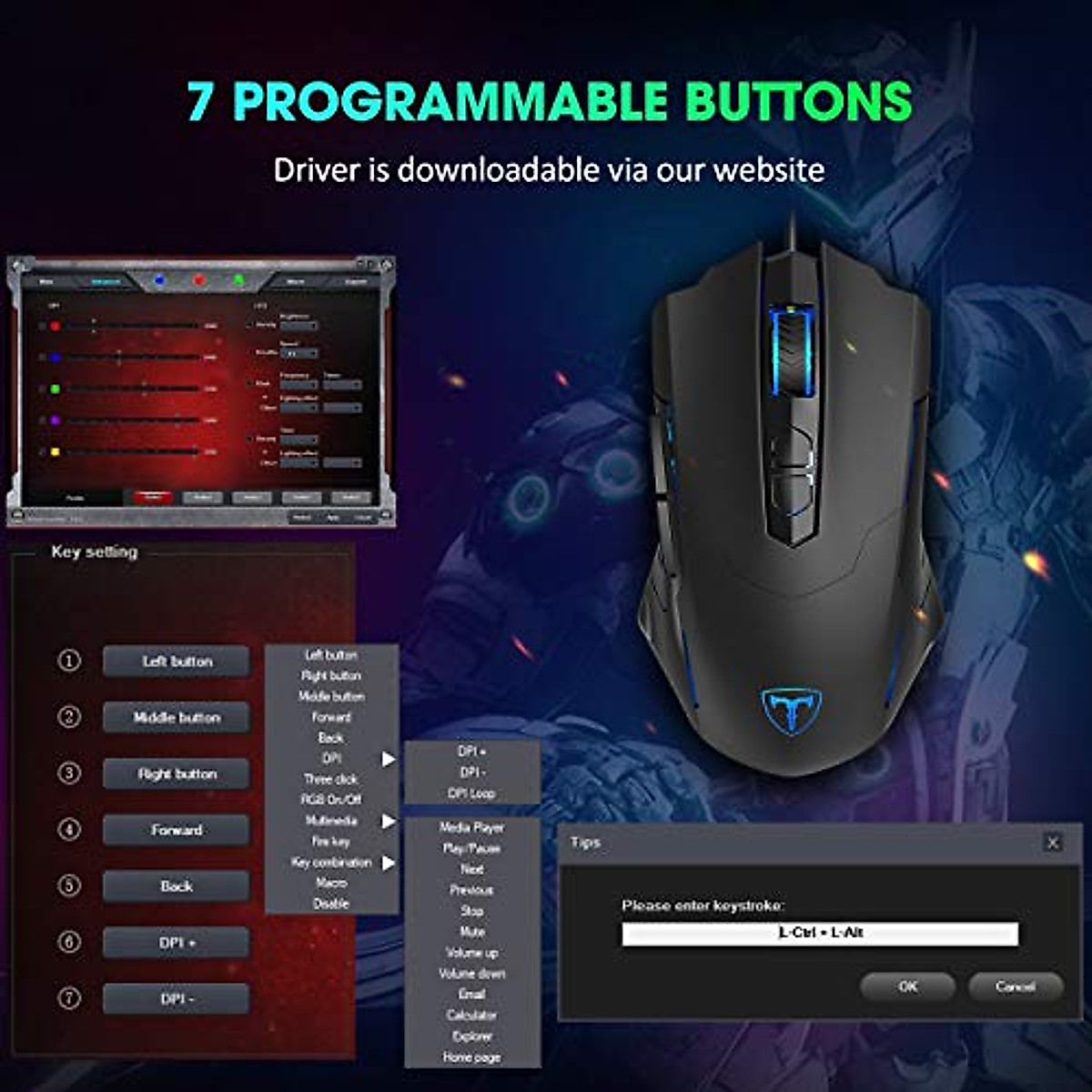 WEEMSBOX Wired Gaming Mouse [Breathing RGB LED] [Plug Play] High-Precision Adjustable 7200 DPI, 7 Programmable Buttons, Ergonomic Computer USB Mice for Windows/PC/Mac/Laptop Gamer