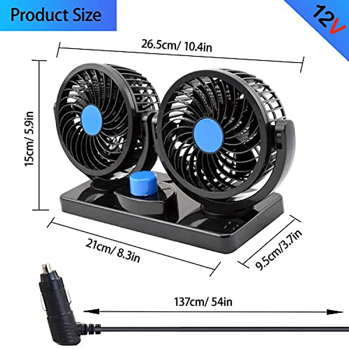 KINOWJI Car Cooling Air Fan,12V/24V Electric Dual Head Cooling Air Circulator 360 Degree Rotatable Auto Fan for Sedan SUV/RV/Boat/Truck/Auto Vehicles (12V)