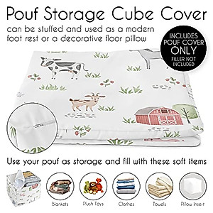 Sweet Jojo Designs Farm Animals Boy Girl Ottoman Pouf Cover Unstuffed Poof Floor Footstool Square Cube Pouffe Storage Baby Nursery Kids Room Gender Neutral Watercolor Farmhouse Barn Horse Nature White