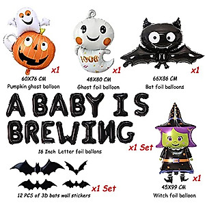 Halloween Baby Is Brewing Baby Shower Decorations with A Baby is Brewing Balloons Banner Halloween Ghost and Bat Foil Balloons, 3D Bat Wall Sticker for Halloween Themed Baby Shower Party Decorations