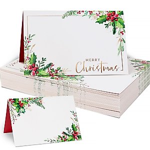 50pcs Christmas Place Cards for Table Setting Holiday Holly Berry Tented Foldable Name Place Cards for Tables Christmas Party (Merry Christmas)