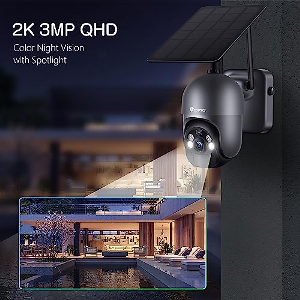 Ctronics 3MP Solar Security Camera Wireless Outdoor WiFi, PTZ Surveillacne Camera Battery-Powered for Home Security, 360° View, Spotlight Color Night Vision, PIR Human Detection, 2-Way Audio (Grey)