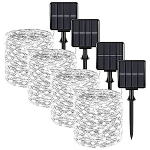 Extra-long 288FT Solar Fairy String Lights, 4-Pack Each 72FT 200 LED Outdoor Twinkle Lights Waterproof 8 Lighting Modes Daylight White Silver Wire Lights for Deck Backyard Tree Garden Fence Pool Party