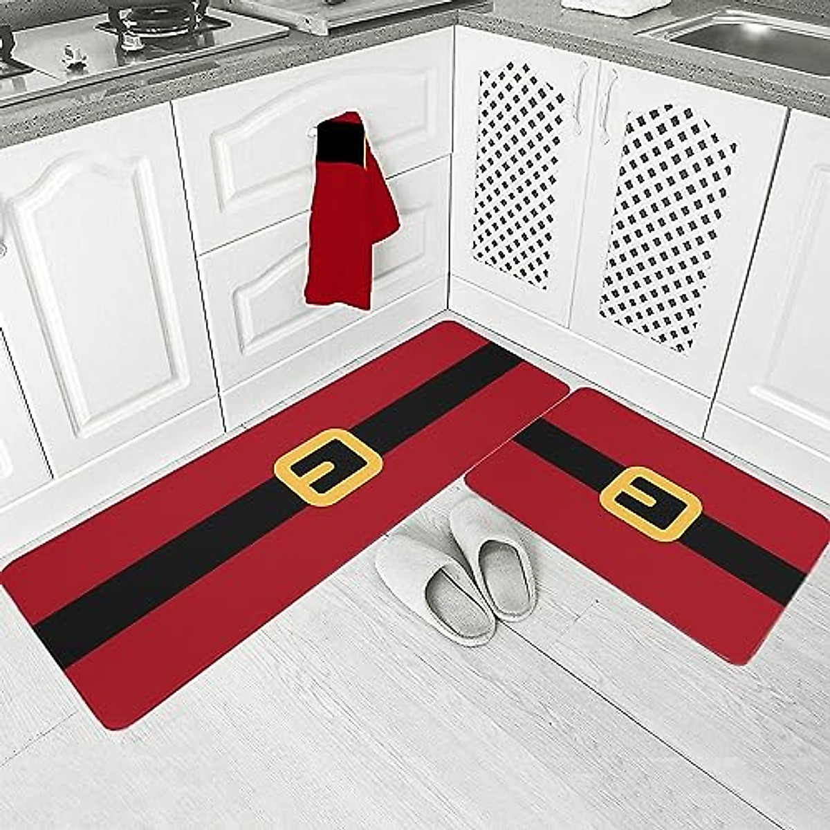 LAMANDA 2 Pieces Kitchen Rugs Set Christmas Santa Claus Belt Area Rug,Absorbent Bath Mats Soft Doormat Floor Mat Red Black Yellow Block,Non-Slip Cushion Standing Mats