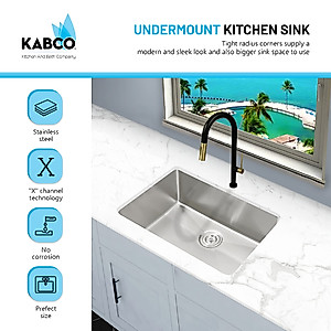 KABCO 18 Gauge 27 Inch Single Bowl Undermount Stainless Steel Kitchen Sink, Rust Resistant Sound and Heatproof Laser Cut Tight Radius SInk for Indoor or Outdoor Kitchens