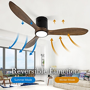 VACILL Flush Mount Ceiling Fan with Light,Low Profile Ceiling Fan,Wooden Fan Blades,6 Speed,LED Dimmable,DC Motor,52 inch,Amber Wood Blade