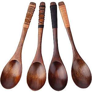 4pc-Handmade Japanese Style Wooden Soup Spoons with Tied Line on Handle