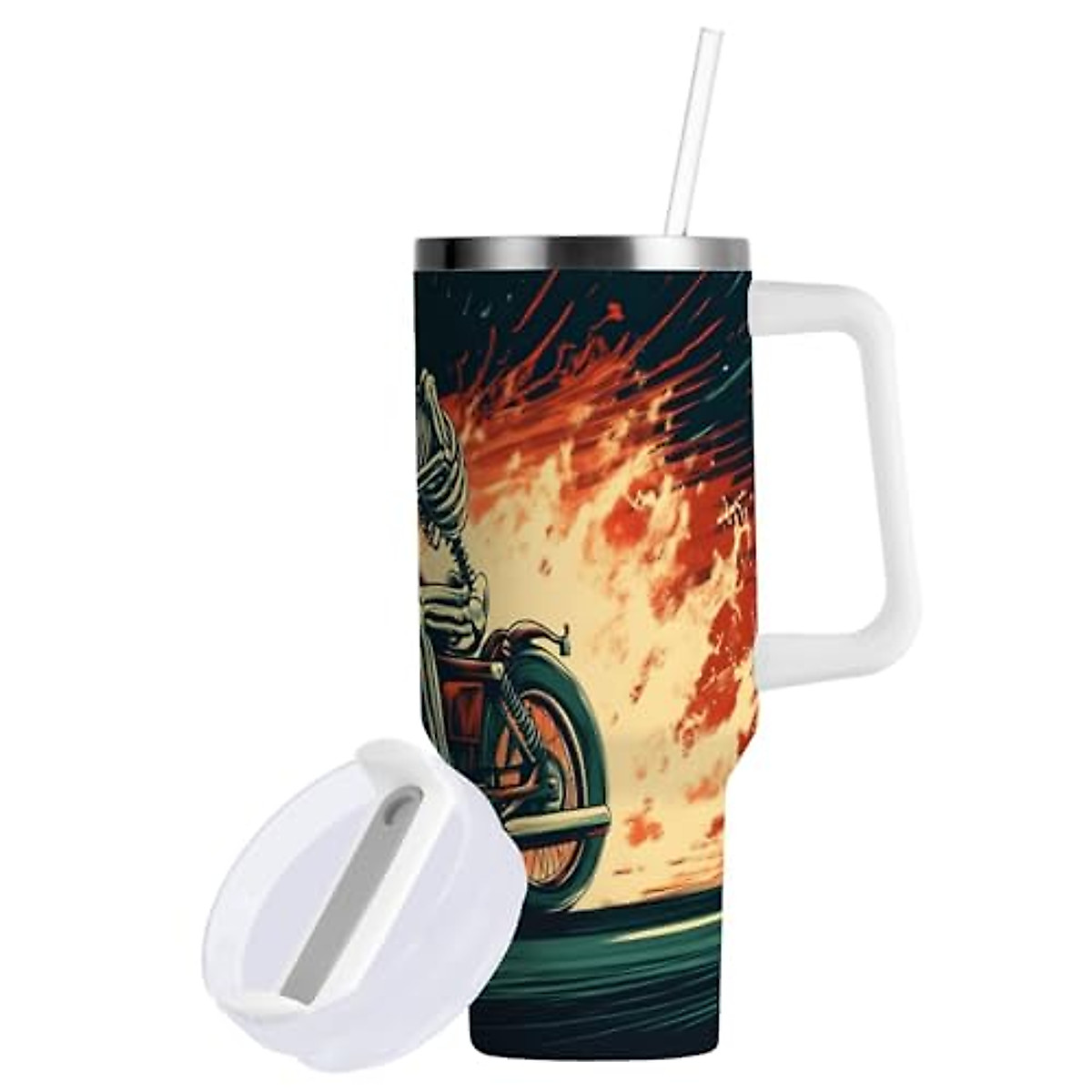 Jihqo Retro Skeleton Motorcycle 40 oz Stainless Steel Vacuum Insulated Tumbler with Handle and Straw Lid, Leakproof Water Bottle Double Wall Travel Mug Coffee Cup, Cupholder Friendly