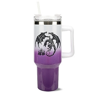 Elanze Designs Majestic Flying Dragon 40 oz. Stainless Steel, Large Water Bottle Coffee Mug, Spill & Leak Resistant, Thermal Travel Tumbler with Handle, Lid & Straw, White & Purple