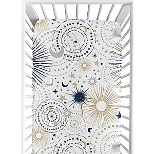 Sweet Jojo Designs Star and Moon Boy or Girl Fitted Crib Sheet Baby or Toddler Bed Nursery - Navy Blue, Gold, and Grey Celestial Sky Stars Gender Neutral Unisex