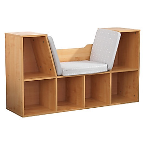 KidKraft Wooden Bookcase with Reading Nook, Storage and Gray Cushion - Natural