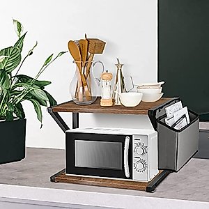 Y&ME YM Desktop Printer Stand with Storage Bag, 2 Tier Desktop Organizer Shelf, Rustic Wood Printer Table with Adjustable Anti-Skid Pads, Under Desk Printer Shelf for Fax Machine, Scanner, Files