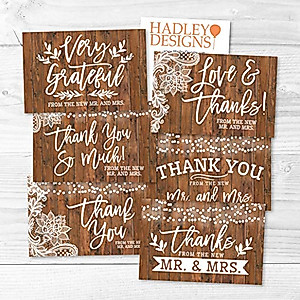 24 Rustic Wedding Thank You Cards With Envelopes, Elegant Bridal Shower Thank You Note From The New Mr. & Mrs. Newlywed Faux Wood Gratitude Supplies, 4x6 Personalized Bulk So Grateful Stationery