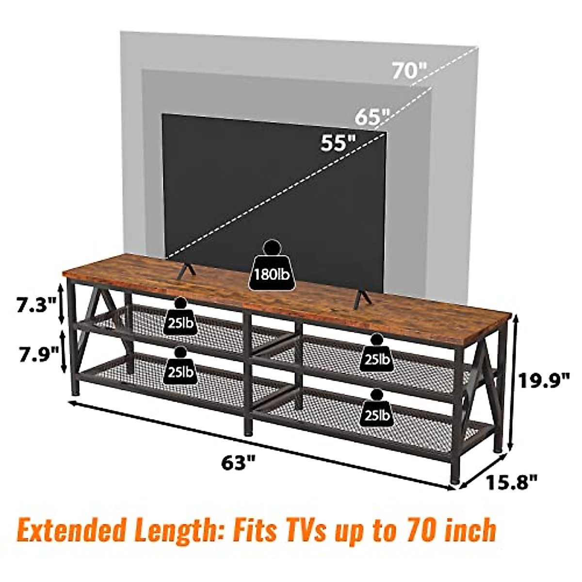 Furologee TV Stand for 65 70 inch TV, Long 63" TV Media Console Table, Industrial Entertainment Center with 3-Tier Storage Shelves for Living Room, Bedroom, Rustic Brown