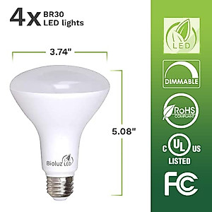 Bioluz LED 90 CRI BR30 LED Bulb 3000K Soft White 7.5W = 65 Watt Replacement 650 Lumen Dimmable Indoor/Outdoor Flood Light UL Listed Title 20 High Efficacy Lighting (Pack of 4)