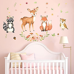 Supzone Woodland Animal Wall Decals Cartoon Animal Wall Stickers Cute Raccoon Deer Fox Owl Forest Animal Wall Decal for Kids Baby Nursery Playroom Bedroom Wall Decor
