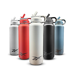 Reebok Stainless Steel Water Bottle With Straw & Athletic Design - Insulated Water Bottles 32 oz - Double Wall Vacuum Insulated Sports Water Bottle With Straw, BPA Free (White)