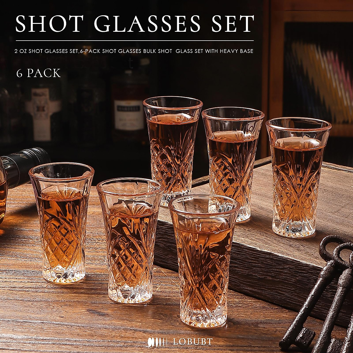 LOBUBT 2 OZ Shot Glasses Set,6-Pack Tequila Shot Glasses with Heavy Base Crystal Shot Glasses Bulk Small Whiskey Cordial Glass for Liqueur Spirits Bar Party Favor