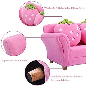 GLACER Kids Sofa with 2 Pillows, Pink Toddler Couch with Wooden Frame and Coral Fleece Surface, Toddler Lounge Bed 2 in 1, Baby Sofa Chair Children Armchair for Girls