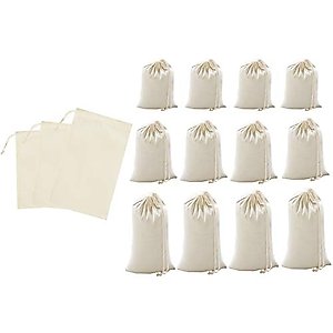 WHITEWRAP Reusable Produce Bags with Drawstrings | Mixed (S, M, L) |12-Pack |Eco Friendly Bags, Food Storage, Natural Cotton, Biodegradable Fabric Bags, Snack Bags, Cloth Bags, Gift Bag