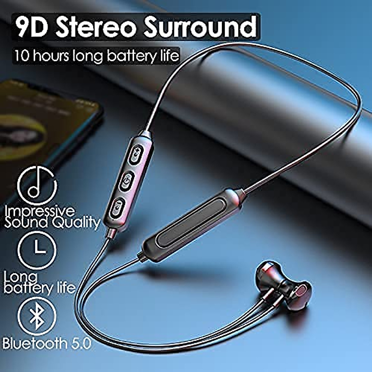 INTAX - Bluetooth 5.0 Wireless Neckband Headphones, 10 hrs Play time, Noise Cancelling, Fast Pairing, Waterproof, 9D Stereo Surround Bluetooth 5.0, Black