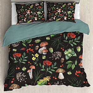 Darani Dark Wild Forest Mushrooms Duvet Cover Queen 90 x 90 in Ultra Soft Washed Microfiber Comforter Cover Sets 3 Pieces (1 Duvet Cover + 2 Pillow Shams)