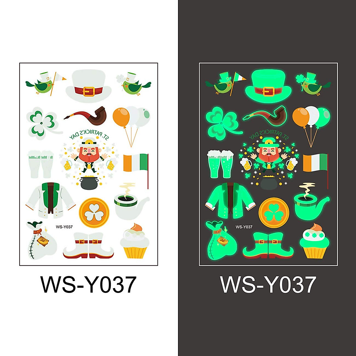 beiling Kids Saint Patrick’s Day Luminous Temporary Tattoos Stickers Shamrock Beer Glow in Dark Children Holiday Fluorescent Tattoos Stickers for Face Body Arms Baby Girl Boy St Patricks Party Favor Accessories (10 sheets)