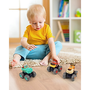 Coogam Friction Powered Cars 3PCS, Push and Go Construction Monster Vehicle Animal Trucks Toy Set, Gift for Birthday Baby Shower Xmas Year Old Toddler Girls Boys