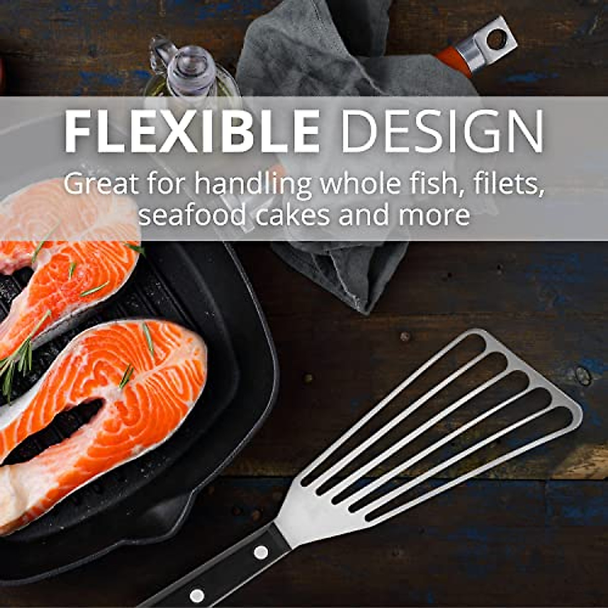 Slotted Fish Spatula Stainless Steel - 11-inch Thin Spatula Heat Resistant with ABS Solid Handle - Fish Turner Spatula - Metal Spatula for Cooking Meat, Eggs - Flexible Spatulas for Nonstick Cookware