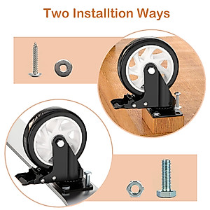 5 Inch Caster Wheels, Heavy Duty 5” Casters Set of 4 with Brake, TONSUM No Noise Polyurethane (PU) Wheels and Safety Dual Locking casters, Swivel Plate Castors (Two Hardware Kits for Free) (5inch)