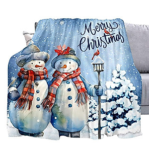 LUVIVIHOME Cute Snowman Throw Blanket, Blue Blanket, Kids Blanket, Red Cardinal Birds Winter Holiday Christmas Blanket, Cozy Warm Lightweight Soft Fuzzy Flannel Fleece Blanket for Couch, Sofa, 30"x40"
