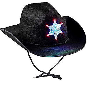 Black Sheriff Hat for Kids Boys and Girls - Light Up Cowboy Hat with Sheriff Blinking Badge and Draw String for Dress-Up and Play Costume Parties