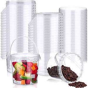 Mifoci 50 Pcs 32oz Food Clear Bucket Plastic Gallon Bucket Round Reusable Ice Cream Containers with Lids and Handles Airtight Clear Plastic Tub Freezer Reusable Pail for Kitchen Drinks Home(32oz)