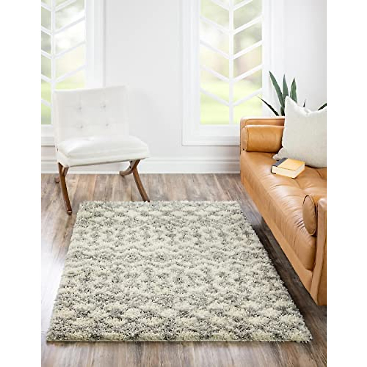 Unique Loom Moroccan Trellis Shag Collection Area Rug - Meknes (6' x 9' Rectangle, Ivory/Gray)