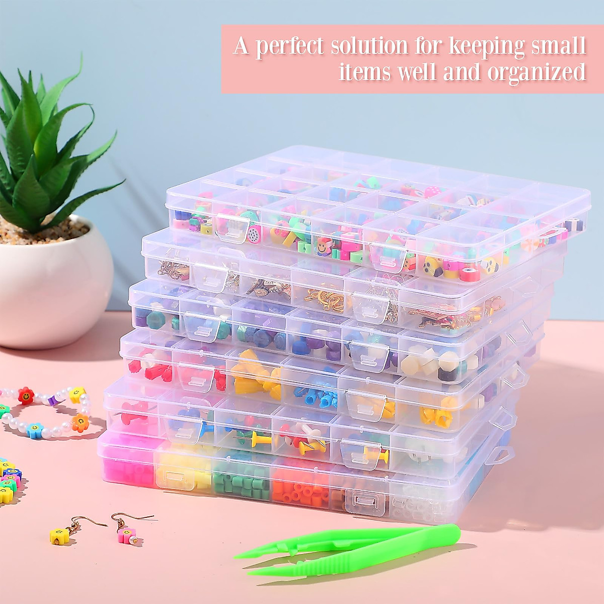 Menkxi 24 Pcs Plastic Organizer Box with Fixed Dividers 24 Grids Small Clear Storage Organizer Reusable Jewelry Bead Organizer Tackle Box Container for Bead DIY Craft Fishing Tackle Small Items