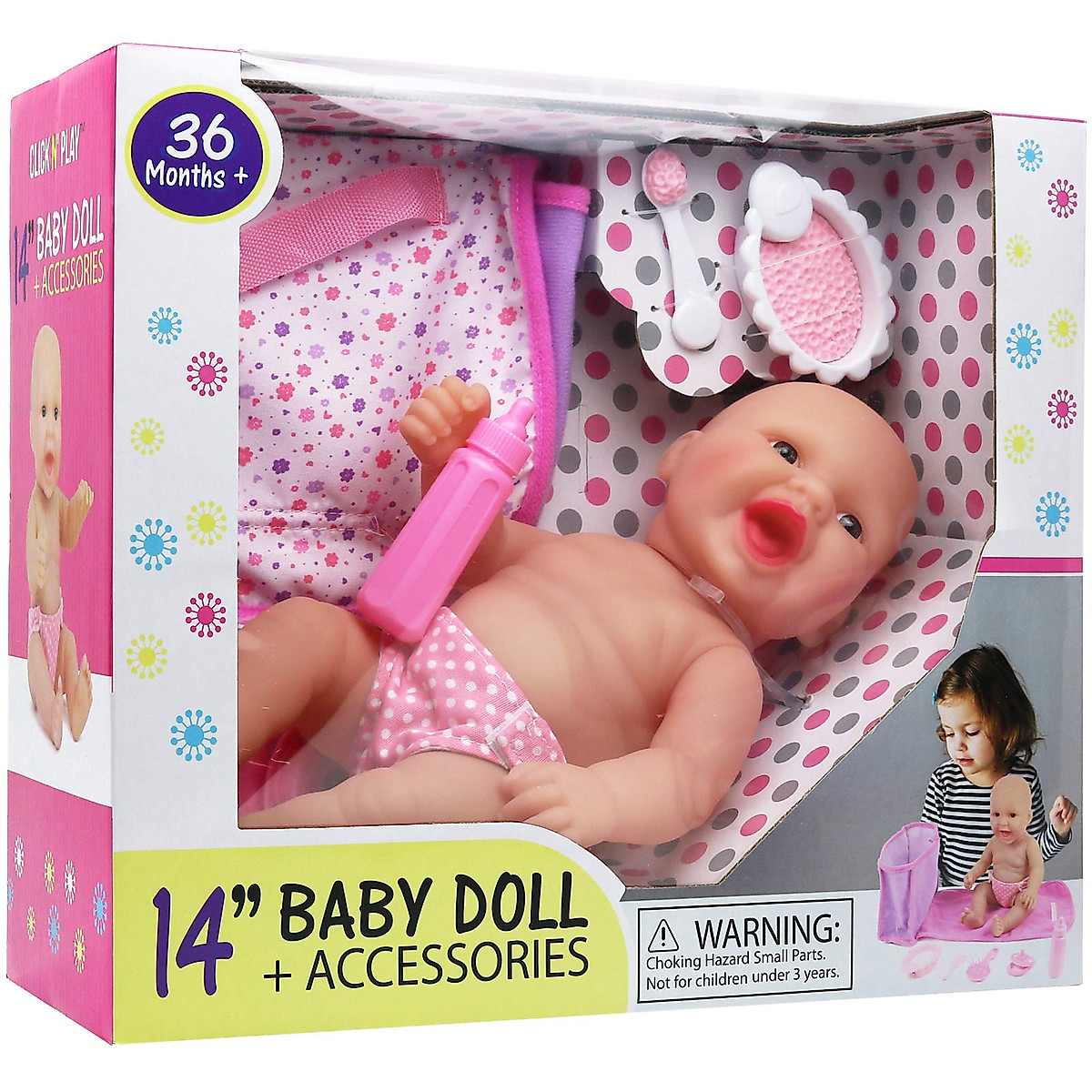 Click N' Play Baby Girl Doll 14” with Caring Accessory Set, Pink