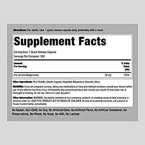 Gentle Iron 28 mg | 300 Capsules | Iron Bisglycinate | Easy on Stomach | Non-GMO, Gluten Free Supplement | by Piping Rock.