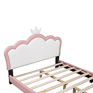 GYYBED Full Size Upholstered Princess Bed with Crown Headboard,Full Bed Frames for Girls Full Bed Frame Girl Full Size Bed Frames for Girls Full Bed Frames for Kids (White+Pink, Full)