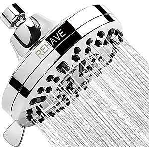 Shower Head, REHAVE Rainfall ShowerHead, 5.1 Inches High-Pressure with 63 Jets 8 Spray Modes - Replacement for Bathroom Shower Heads - Anti-Clogging Silicone Nozzles, Brass Angle-adjustable Ball Joint