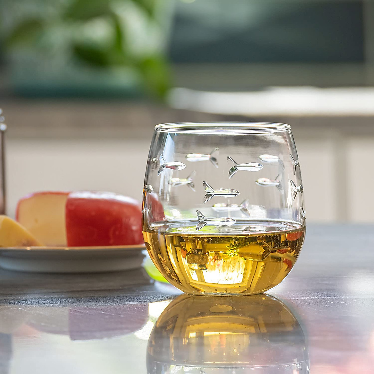 Rolf Glass School of Fish Stemless Red Wine Glass 16.75 oz | Made in the USA | Tumbler Wine Glasses | Lead-Free | Etched Stemless Wine Glasses (Set of 2)