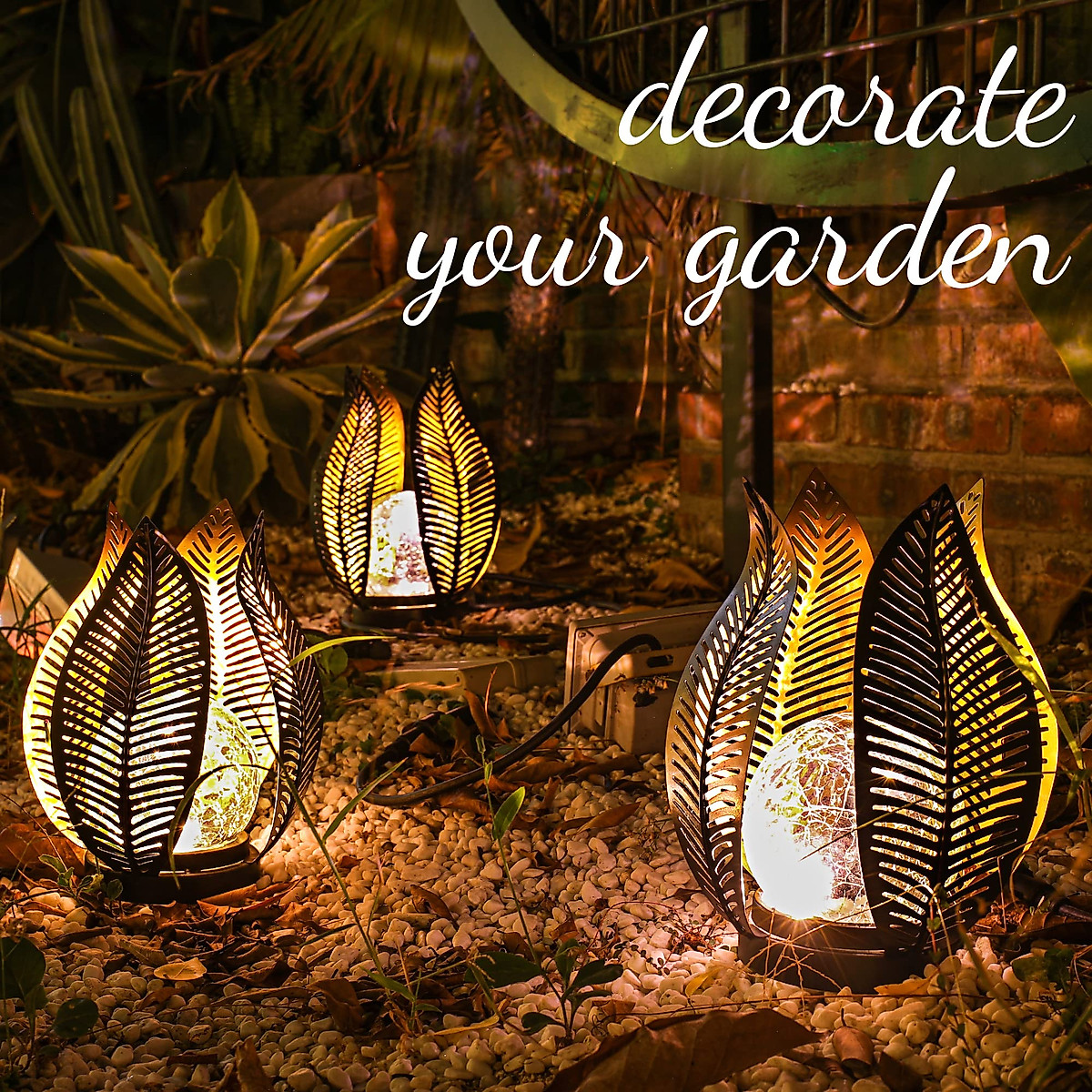 QZGE Solar Garden Lights Waterproof Decorations,Crackle Globe Glass,Metal Palm Leaf Solar Lights for Outdoor Decor On Garden,Patio,Yard,Front Porch,Tabletop Lamp-Perfect Gifts