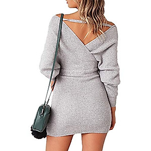 Zonsaoja Women's Sweater Dress Sexy V Neck Long Sleeve Backless Wrap Knitted Mini Dresses Grey S