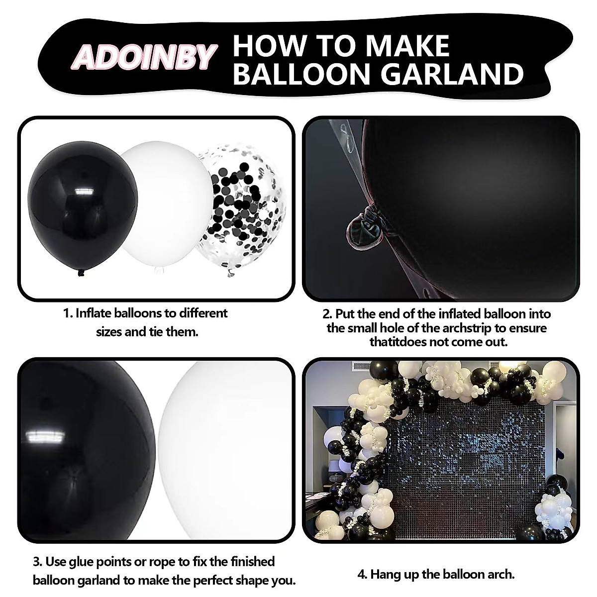 Black and White Balloon Arch Kit, ADOINBY 140Pcs Black and White Durable Latex Balloons 18 12 10 5 Inch Different Size Balloons for Birthday Anniversary Wedding Engagement Graduation Party Decorations