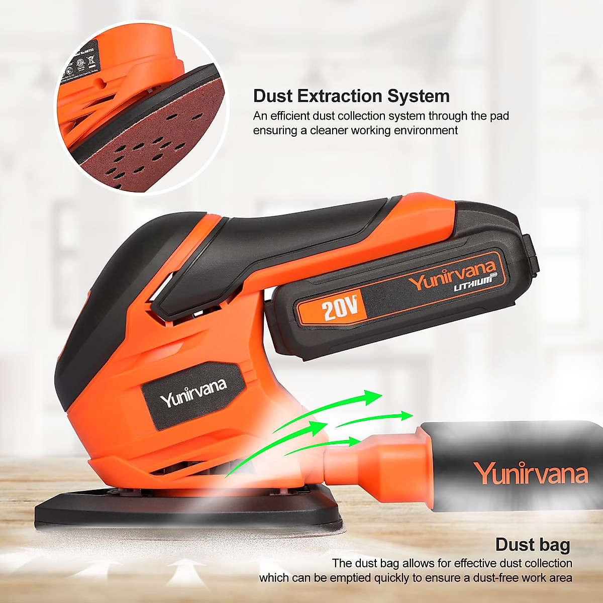 Yunirvana 20V Cordless Sander, Detail Sanders, 20Pcs Sandpapers,12000 RPM Sanders with Dust Collection System for Tight Spaces Sanding in Home Decoration, Battery and Charger Included